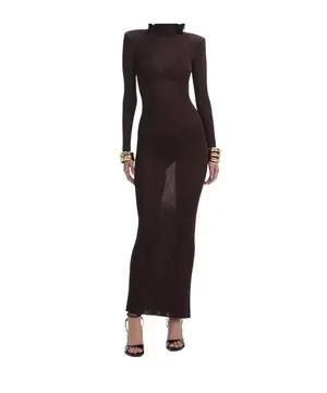SELF-PORTRAIT Turtleneck Ribbed Maxi Dress With Shoulder Pads