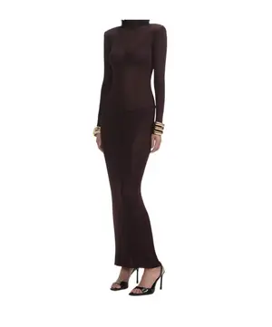 SELF-PORTRAIT Turtleneck Ribbed Maxi Dress With Shoulder Pads