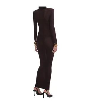 SELF-PORTRAIT Turtleneck Ribbed Maxi Dress With Shoulder Pads