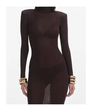SELF-PORTRAIT Turtleneck Ribbed Maxi Dress With Shoulder Pads