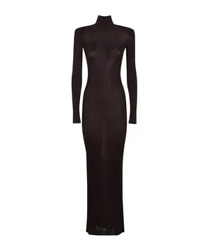 SELF-PORTRAIT Shoulder Pad Knitted Maxi Dress - Brown