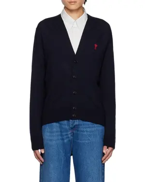 AMI Paris De Coeur Embroidered V-neck Cardigan - Black