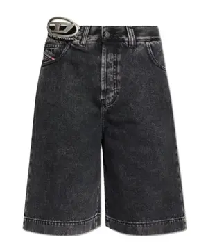 DIESEL® Logo Plaque Knee-length Denim Shorts - Black