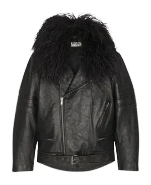 Saint Laurent Leather Jacket With Feather Trim