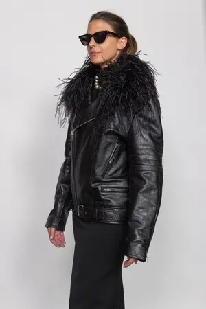 Saint Laurent Leather Jacket With Feather Trim