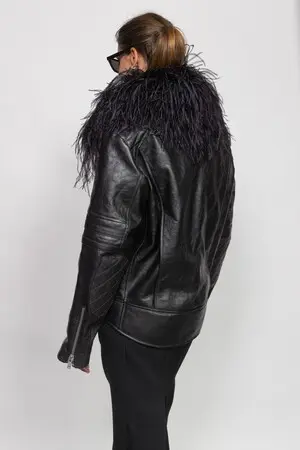 Saint Laurent Leather Jacket With Feather Trim