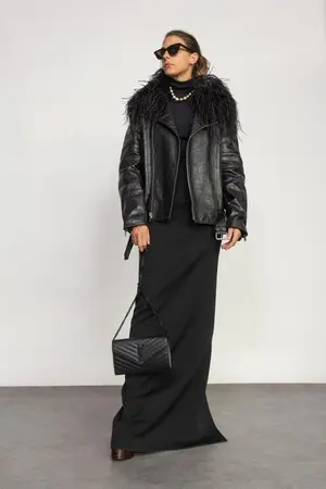 Saint Laurent Leather Jacket With Feather Trim