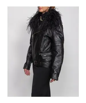Saint Laurent Leather Jacket With Feather Trim