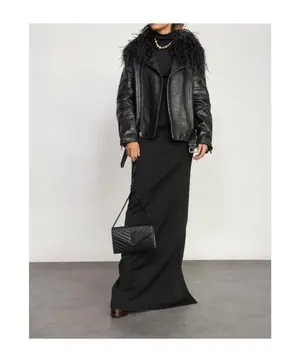 Saint Laurent Leather Jacket With Feather Trim