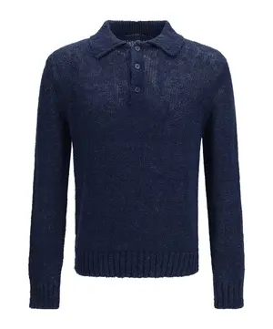 SUNFLOWER Textured Knit Long-sleeved Polo Shirt - Black