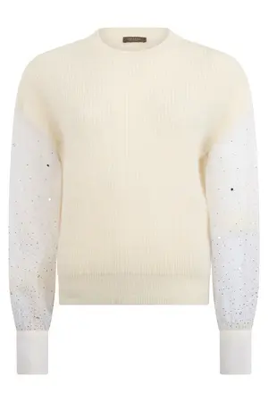 Peserico Sheer Sleeved Crewneck Knitted Jumper With Crystal Embellishments