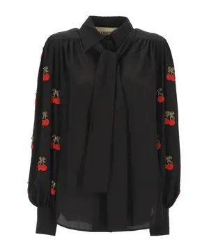 Valentino Garavani Cherry Embellished Button-up Blouse With Lace-up Detail