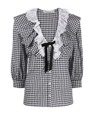 Alessandra Rich Check Print Ruffle Collar Shirt
