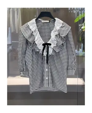 Alessandra Rich Check Print Ruffle Collar Shirt