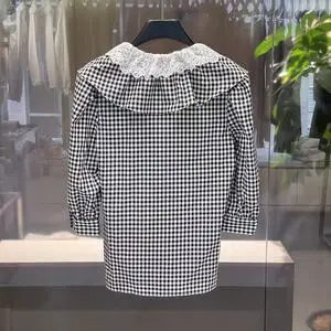 Alessandra Rich Check Print Ruffle Collar Shirt