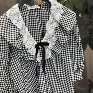 Alessandra Rich Check Print Ruffle Collar Shirt