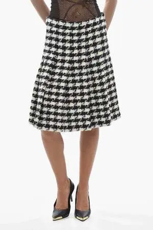 Celine Pleated Houndstooth Wool Skirt - White/ivory/black