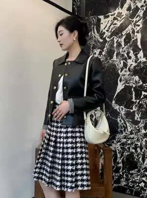 Celine Pleated Houndstooth Wool Skirt - White/ivory/black