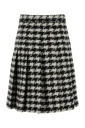Celine Pleated Houndstooth Wool Skirt - White/ivory/black
