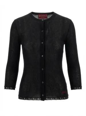 Gucci Ribbed Knit Cardigan With Lace Trim - Black