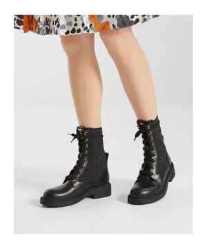 Fendi Lace-up Biker Boots With Ff Jacquard - Black