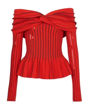 Balmain Knotted Off-the-shoulder Ribbed Top With Back Zipper
