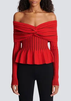 Balmain Knotted Off-the-shoulder Ribbed Top With Back Zipper