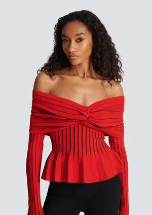 Balmain Knotted Off-the-shoulder Ribbed Top With Back Zipper