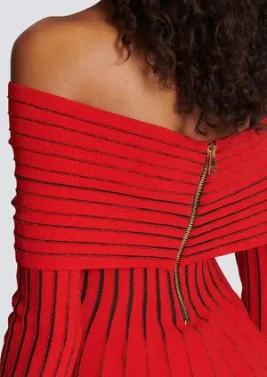 Balmain Knotted Off-the-shoulder Ribbed Top With Back Zipper