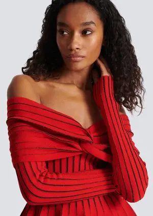 Balmain Knotted Off-the-shoulder Ribbed Top With Back Zipper