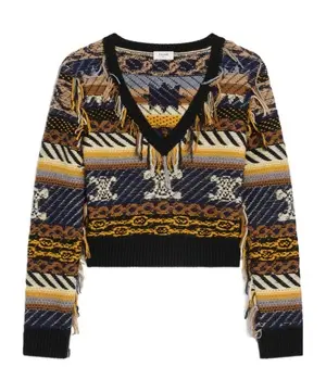 Celine Jacquard Cashmere V-neck Sweater With Fringe - Brown/gray