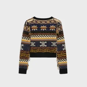 Celine Jacquard Cashmere V-neck Sweater With Fringe