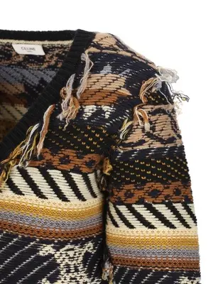 Celine Jacquard Cashmere V-neck Sweater With Fringe