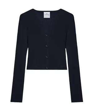 COURREGES Cropped Fine-ribbed Cardigan With Logo Detail - Navy