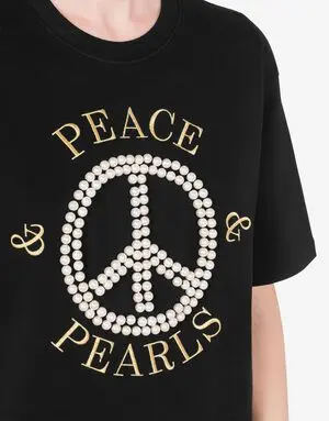 Moschino Cotton T-shirt With Pearl And Gold Thread Embellishment