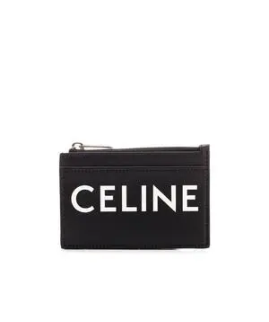 Celine Zipped Card Holder In Smooth Calfskin With Print - Black