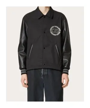Valentino Garavani Long Sleeve Varsity Jacket With Leather Sleeves