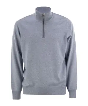 Brunello Cucinelli Funnel-neck Zip-up Knitted Polo Shirt - Gray