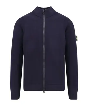Stone Island Logo Patch Zip-up Cardigan - Blue