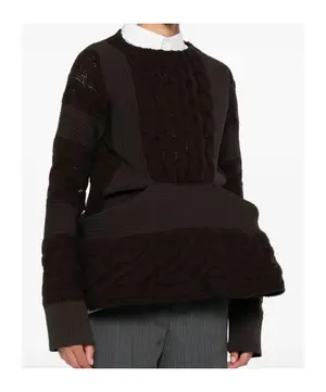 Sacai Crew Neck Long Sleeve Cable Knit Sweater With Pockets