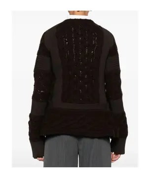 Sacai Crew Neck Long Sleeve Cable Knit Sweater With Pockets