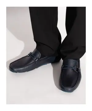 FERRAGAMO Flat Loafers With Metallic Embellishments - Navy