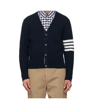 Thom Browne 4-bar Stripe V-neck Button-up Cardigan - Navy Blue
