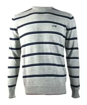 Emporio Armani Striped Crew Neck Long Sleeve Sweater - Gray