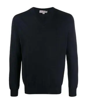 Canali Navy Blue Wool Fine Knit V-neck Jumper