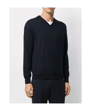 Canali Navy Blue Wool Fine Knit V-neck Jumper