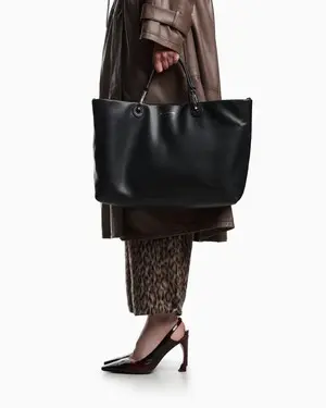Emporio Armani Logo Stamp Medium Tote Bag - Black