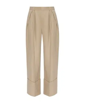 Victoria Beckham Wide Leg Turn-up Trousers - Beige
