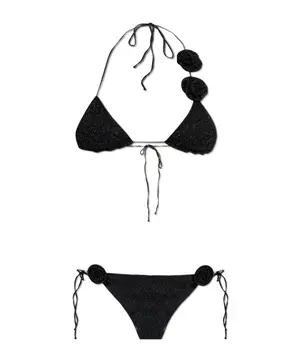 Oseree Metallic Bikini Set With 3d Rosettes - Black