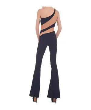 Norma Kamali One-shoulder Flared-leg Jumpsuit With Nude Mesh Panels - Black/nude